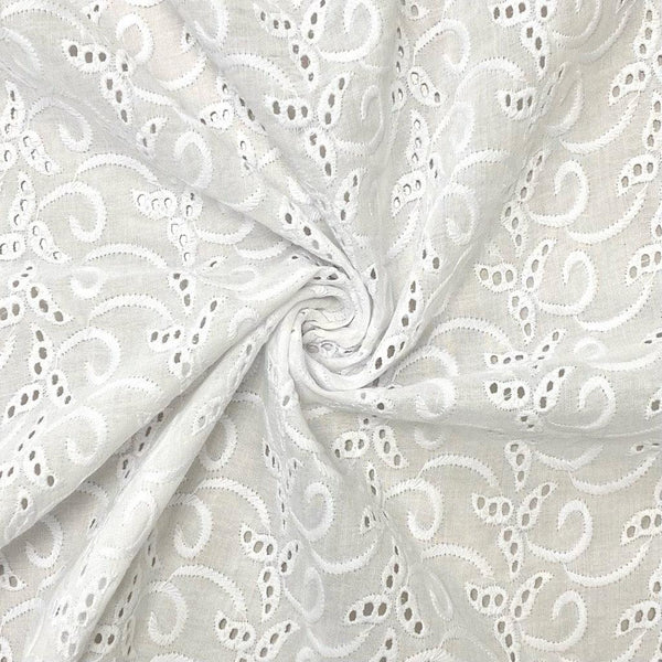 Curling Leaves White Embroidered Cotton Fabric #3 | Pound Fabrics