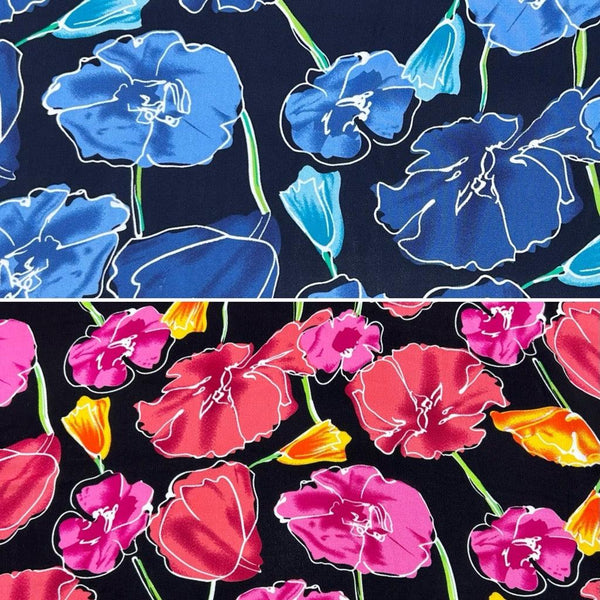 Flower Drawings on Black Viscose Challis Fabric – Pound Fabrics